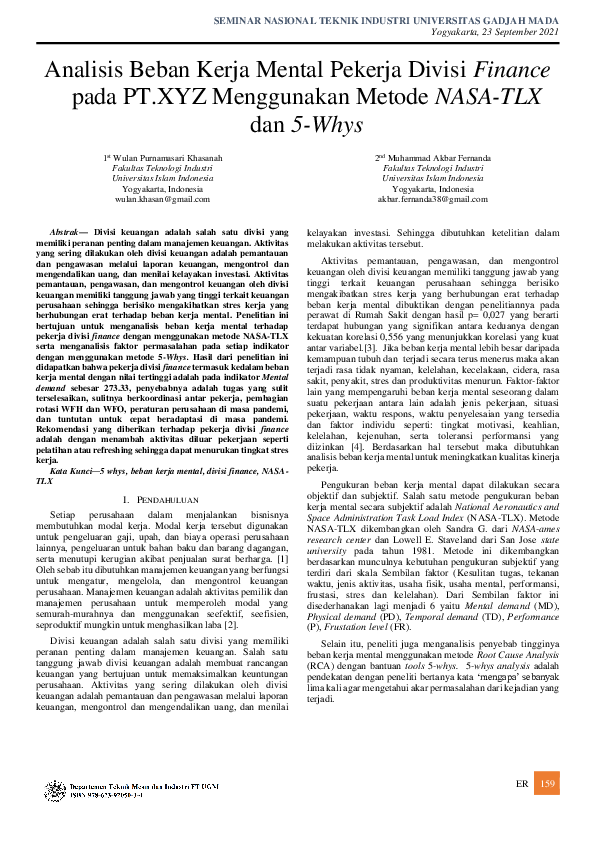 (PDF) Analisis Beban Kerja Mental Pekerja Divisi Finance pada PT.XYZ ...