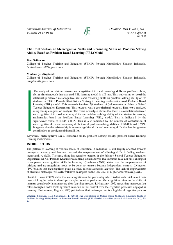 (PDF) The Contribution of Metacognitive Skills and Reasoning Skills on Problem Solving Ability ...
