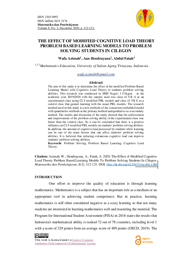 (PDF) The Effect of Modified Cognitive Load Theory Problem Based Learning Models to Problem ...
