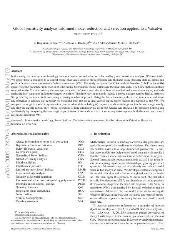 (PDF) Global sensitivity analysis informed model reduction and selection applied to a Valsalva ...