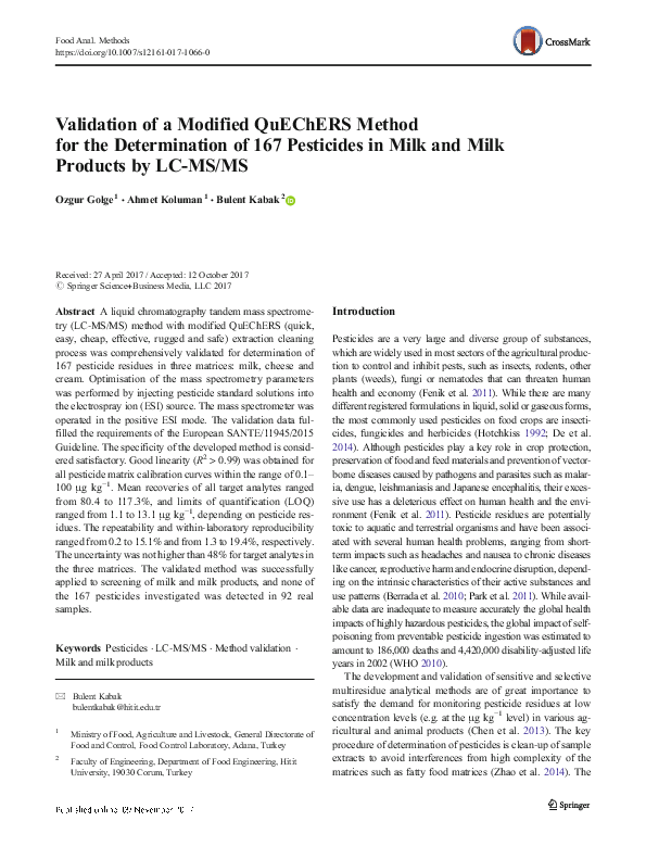 (PDF) Validation of a Modified QuEChERS Method for the Determination of 167 Pesticides in Milk ...