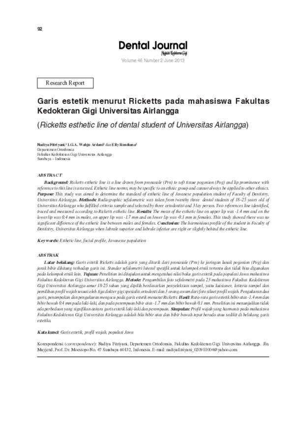 (PDF) Garis estetik menurut Ricketts pada mahasiswa Fakultas Kedokteran ...