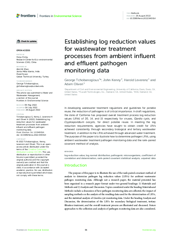 (PDF) Establishing log reduction values for wastewater treatment ...