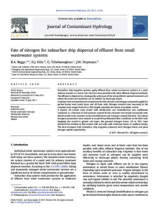 (PDF) Fate of nitrogen for subsurface drip dispersal of effluent from ...