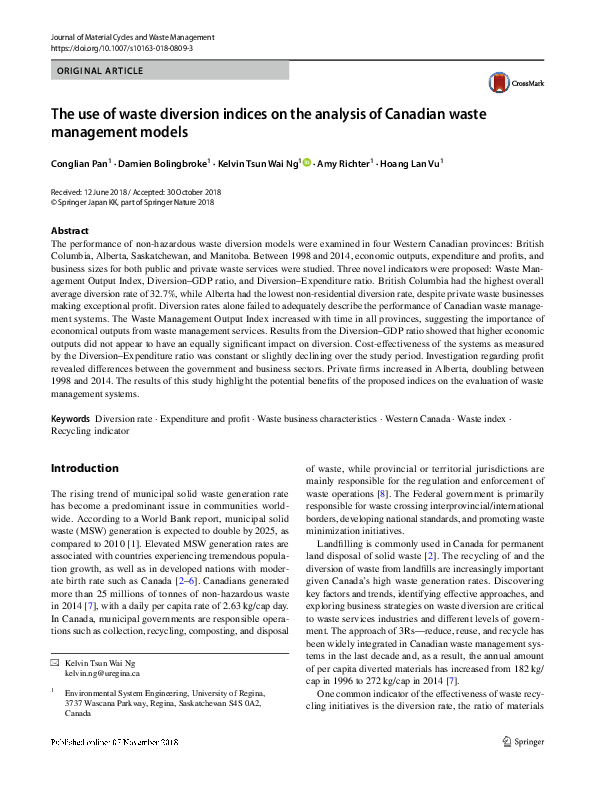 (PDF) The use of waste diversion indices on the analysis of Canadian ...