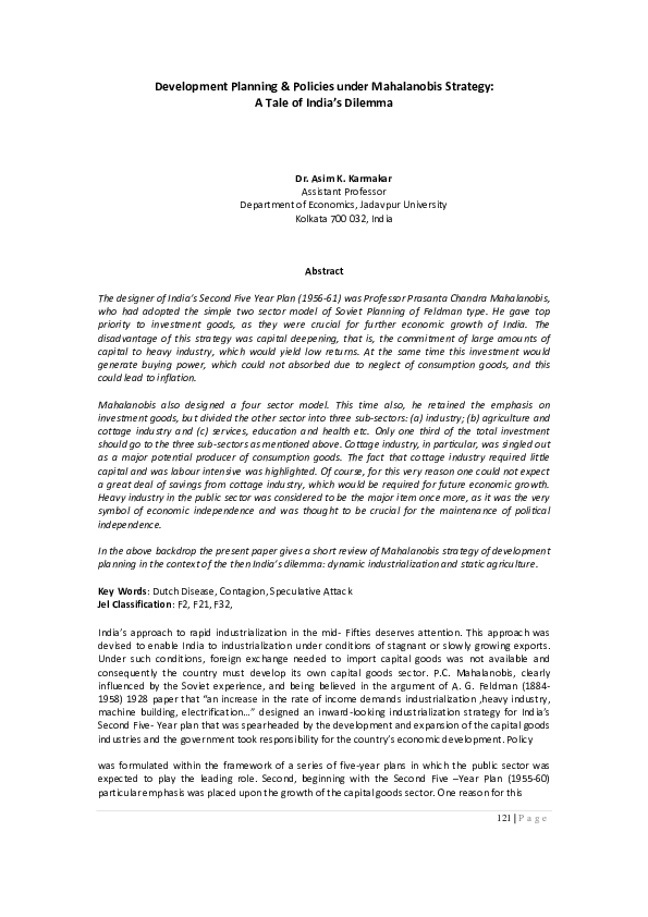 (PDF) Development Planning & Policies under Mahalanobis Strategy: A ...