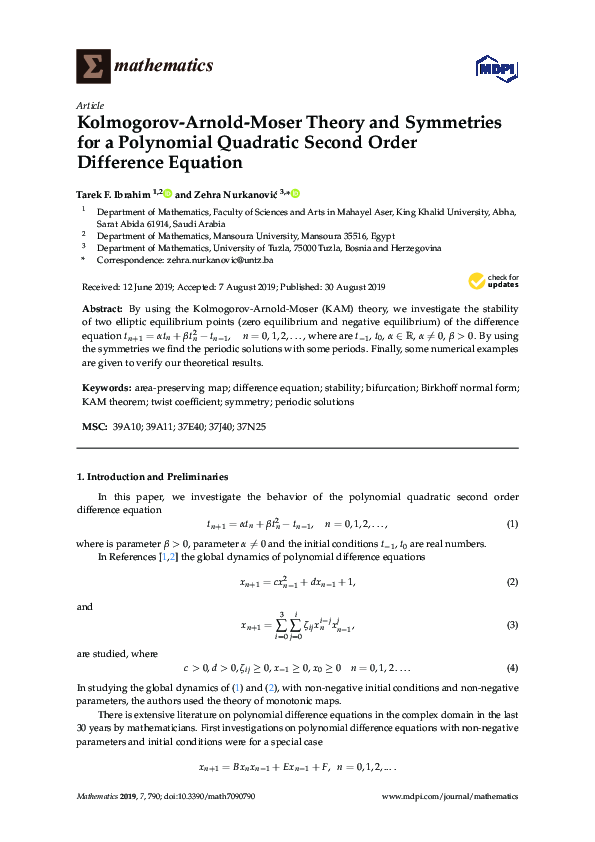 (PDF) Kolmogorov-Arnold-Moser Theory and Symmetries for a Polynomial Quadratic Second Order ...