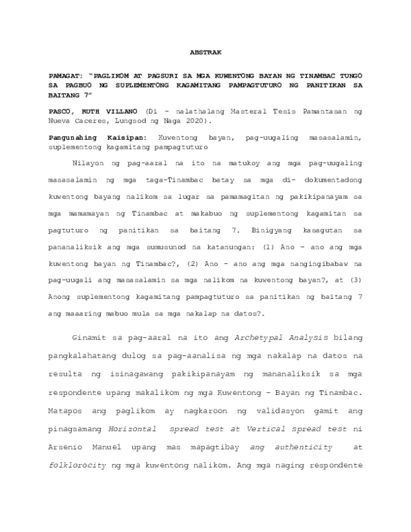 (DOC) PAMAGAT: "PAGLIKOM AT PAGSURI SA MGA KUWENTONG BAYAN NG TINAMBAC ...