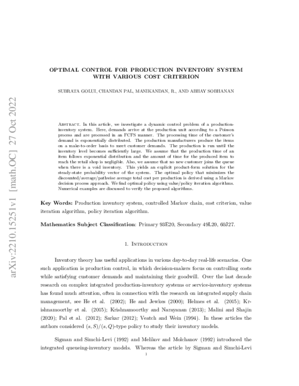(PDF) Optimal control for production inventory system with various cost ...