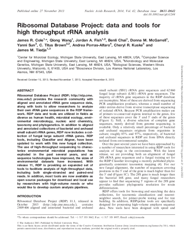 (PDF) Ribosomal Database Project: data and tools for high throughput rRNA analysis