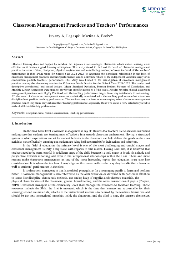(PDF) Classroom Management Practices and Teachers’ Performances