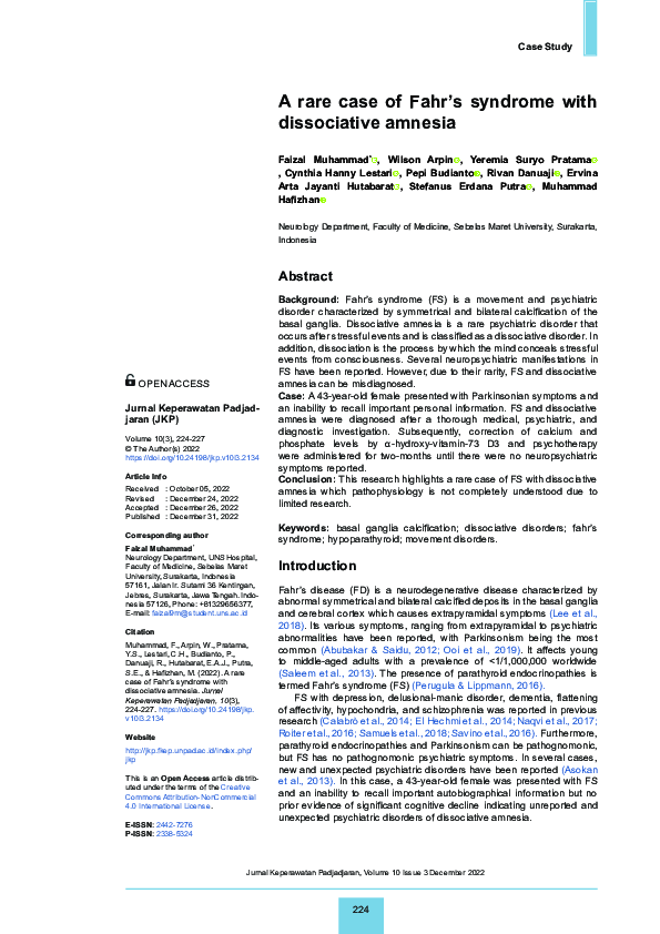 (PDF) rare case of Fahr's syndrome with dissociative amnesia | Rivan ...