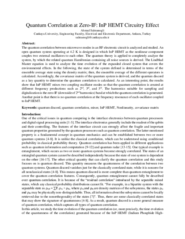 (PDF) Quantum Correlation at Zero-IF: InP HEMT Circuitry Effect