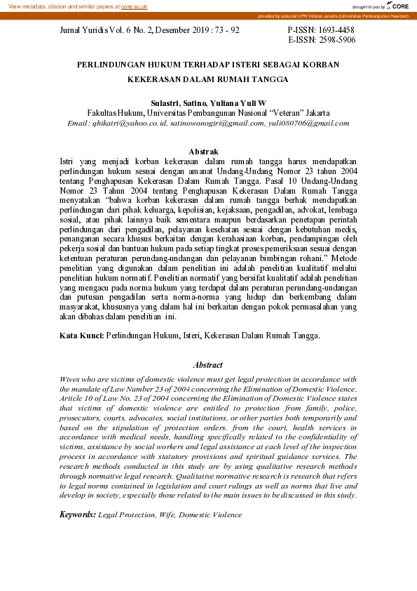 (PDF) Perlindungan Hukum Terhadap Isteri Sebagai Korban Kekerasan Dalam Rumah Tangga