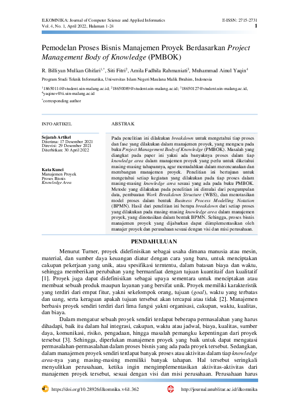 (PDF) Pemodelan Proses Bisnis Manajemen Proyek Berdasarkan Project Management Body of Knowledge ...