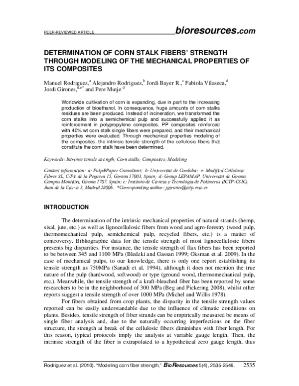 (PDF) Determination of corn stalk fibers' strength through modeling of ...
