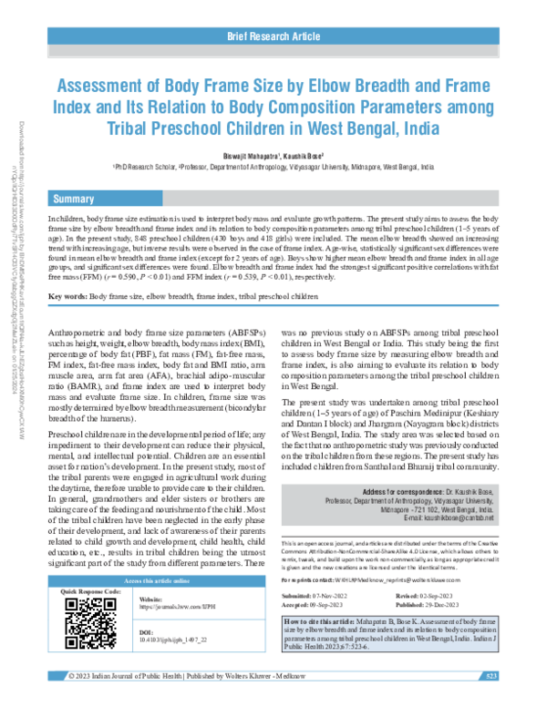 (PDF) Assessment of Body Frame Size by Elbow Breadth and Frame Index ...