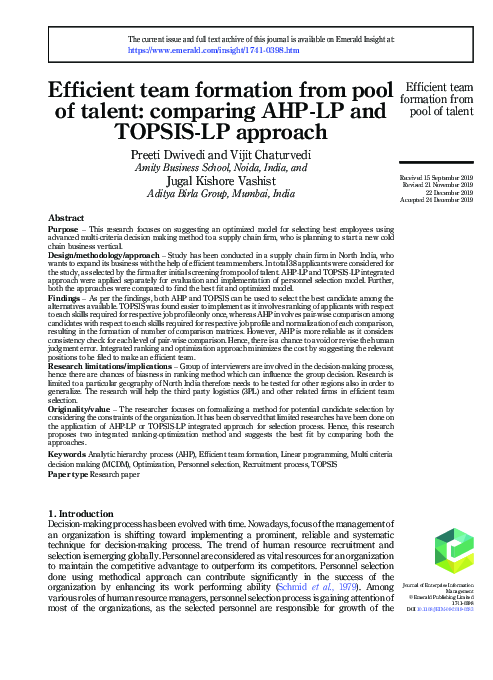 (PDF) Efficient team formation from pool of talent: comparing AHP-LP ...