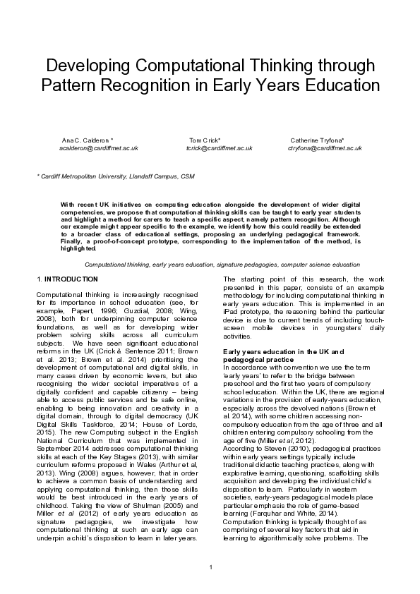 (PDF) Developing computational thinking through pattern recognition in early years education