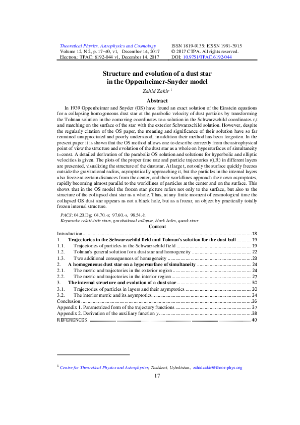 (PDF) Structure and evolution of a dust star in the Oppenheimer-Snyder ...