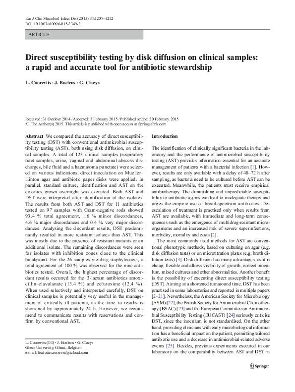 (PDF) Direct susceptibility testing by disk diffusion on clinical ...