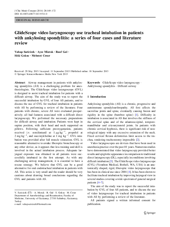 (PDF) GlideScope video laryngoscopy use tracheal intubation in patients ...