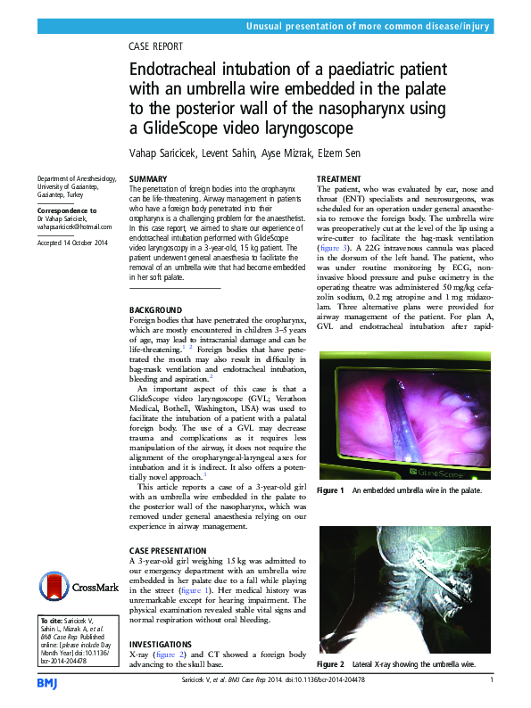 (PDF) Endotracheal intubation of a paediatric patient with an umbrella ...
