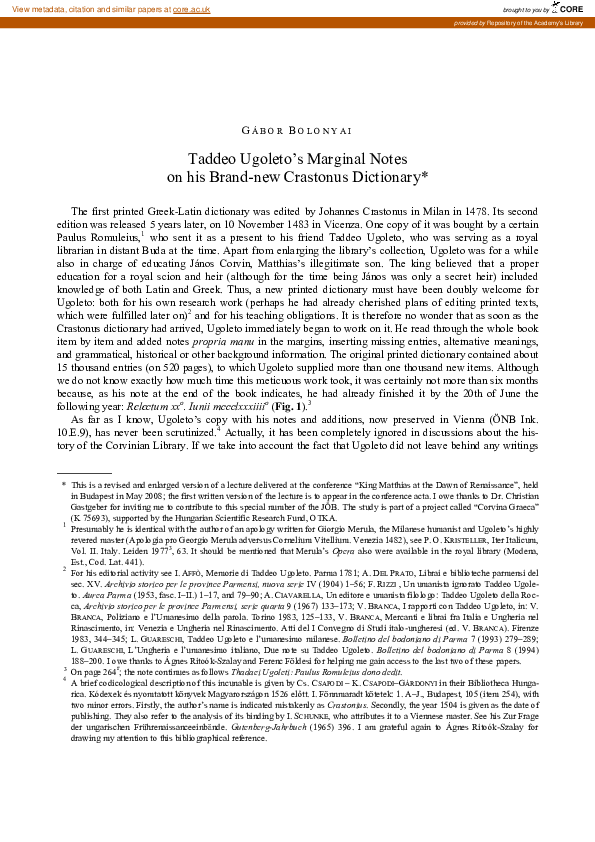 (PDF) Taddeo Ugoleto’s Marginal Notes on his Brand-new Crastonus Dictionary