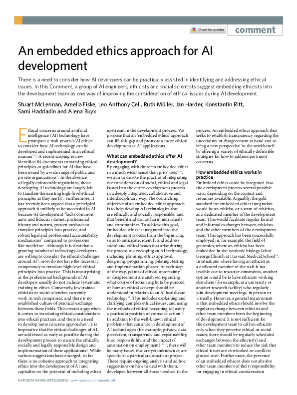 (PDF) An embedded ethics approach for AI development