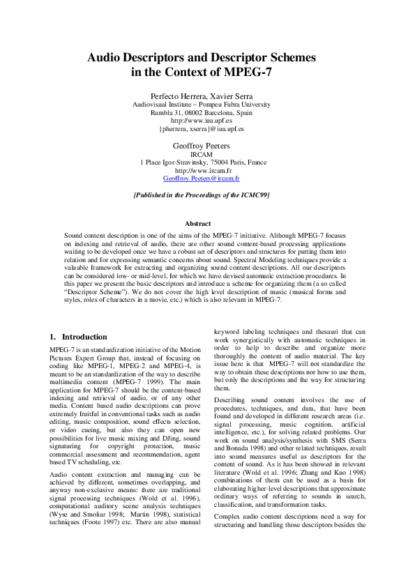 (PDF) MPEG-7 Audio Descriptors: Framework and Use