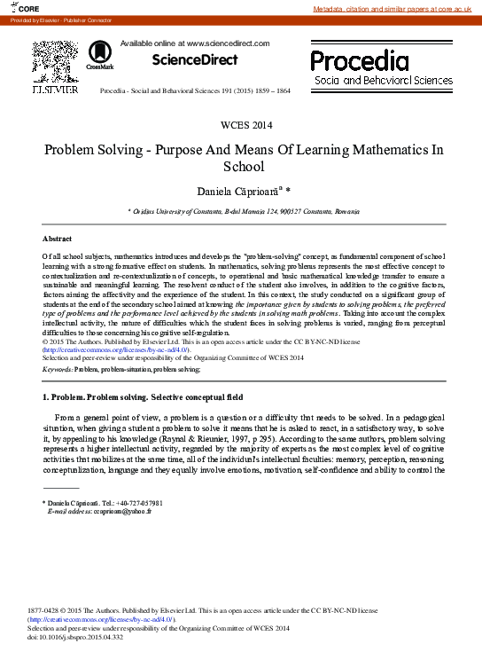 (PDF) Problem Solving - Purpose and Means of Learning Mathematics in School