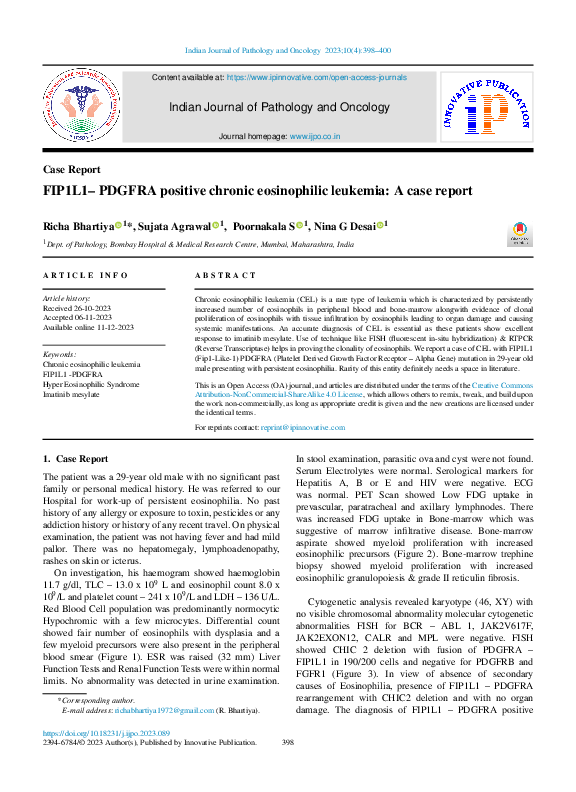 (PDF) FIP1L1-PDGFRA positive chronic eosinophilic leukemia: A case report