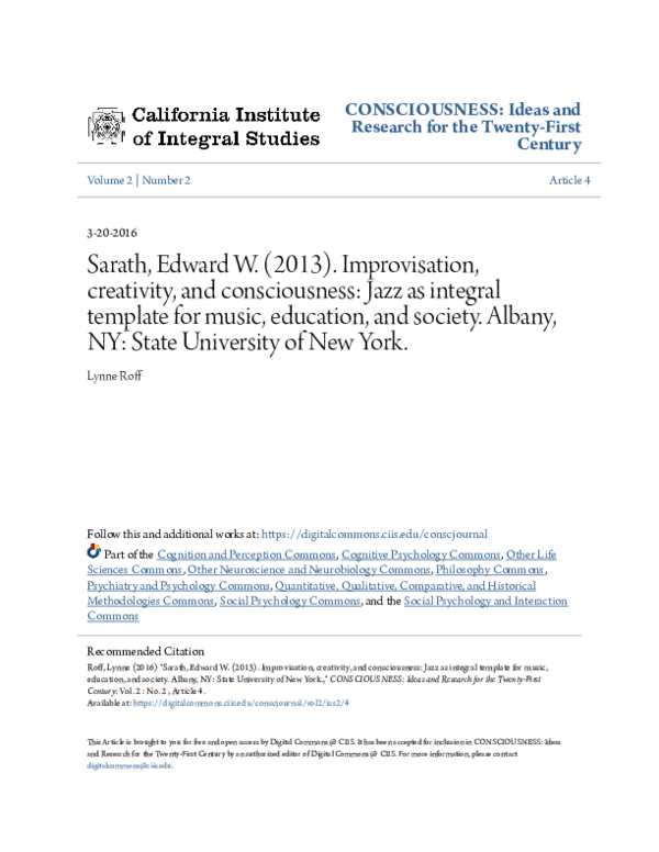 (PDF) Sarath, Edward W. (2013). Improvisation, creativity, and ...