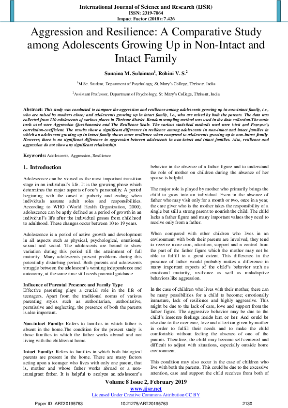 (PDF) Aggression and Resilience: A Comparative Study among Adolescents ...