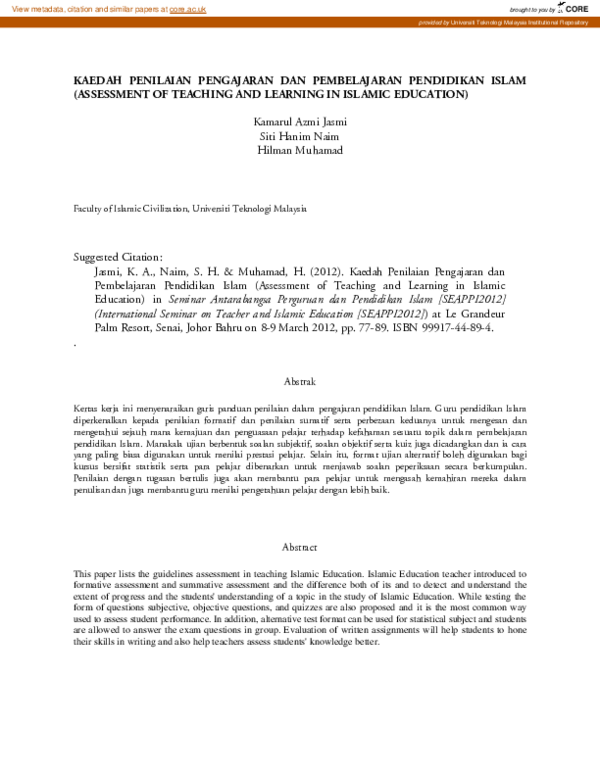 (PDF) Kaedah penilaian pengajaran dan pembelajaran pendidikan Islam(Assessment of teaching and ...