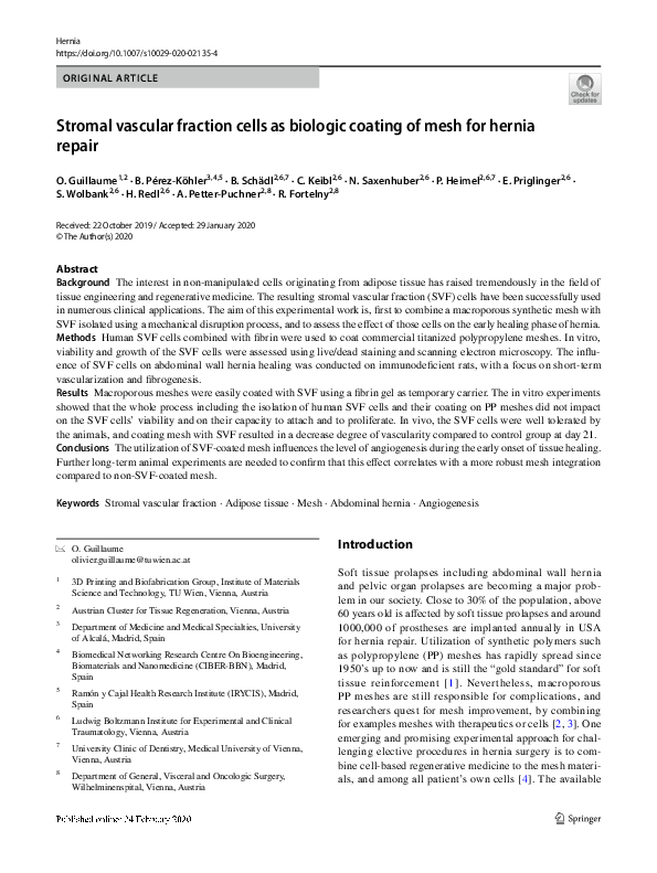 (PDF) Stromal vascular fraction cells as biologic coating of mesh for ...