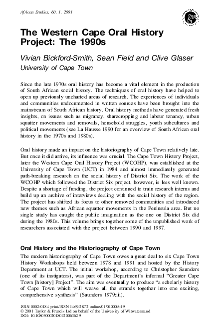 (PDF) The Western Cape Oral History Project: The 1990s