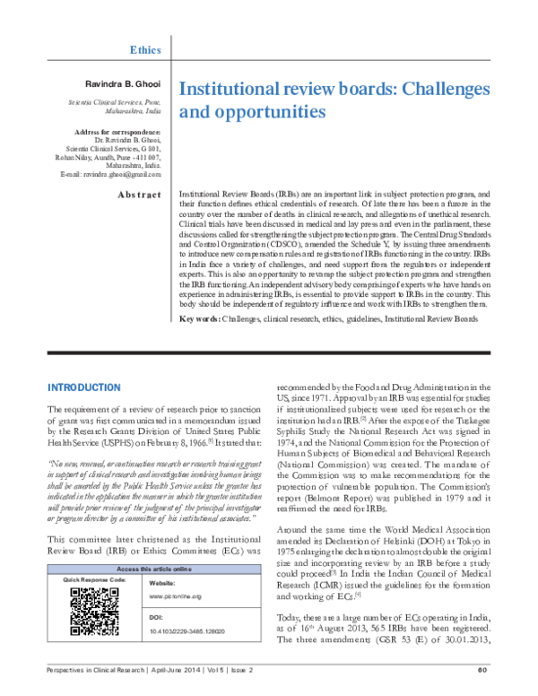 (PDF) Institutional review boards: Challenges and opportunities