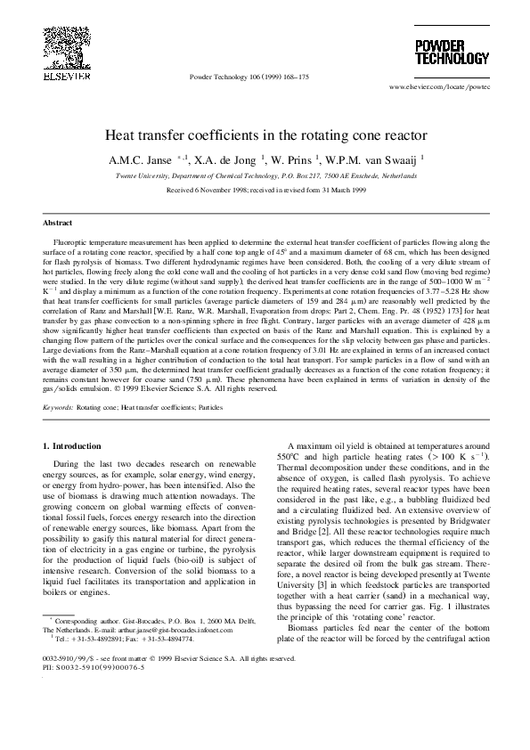 (PDF) Heat transfer coefficients in the rotating cone reactor