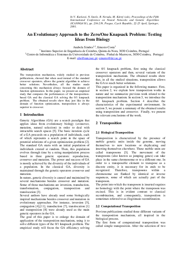 Pdf An Evolutionary Approach To The Zero One Knapsack Problem Testing Ideas From Biology