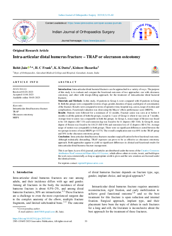 (PDF) Intra-articular distal humerus fracture -TRAP or olecranon osteotomy