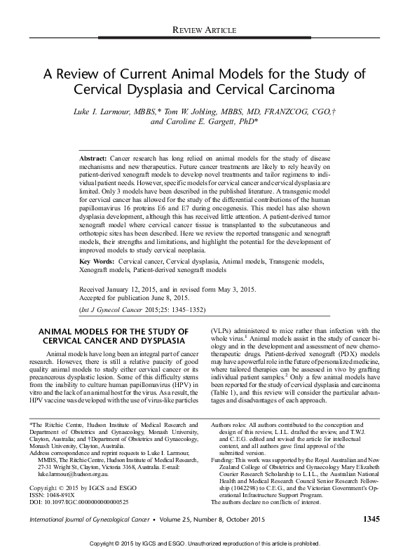 (PDF) A Review of Current Animal Models for the Study of Cervical ...