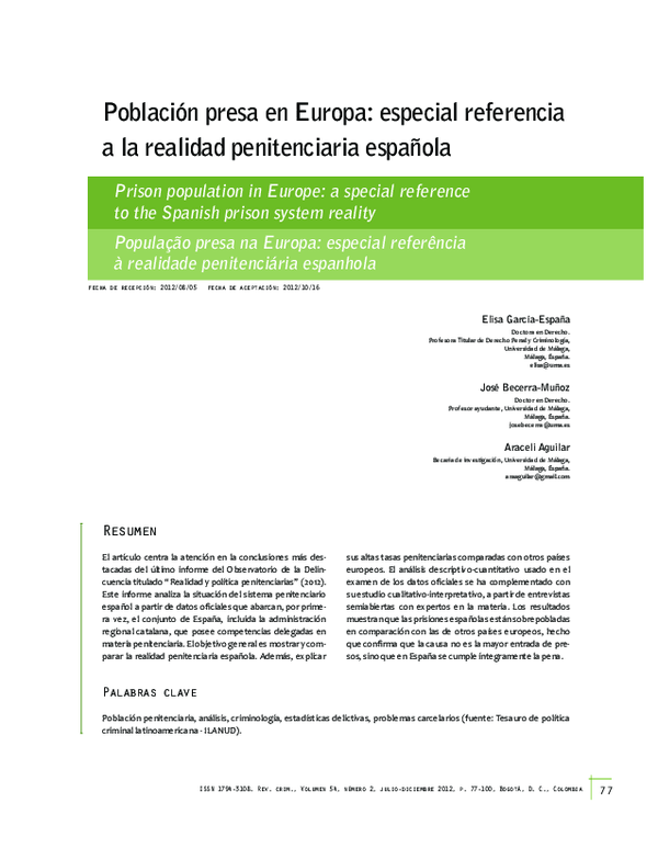 (PDF) Prison population in Europe: a special reference to the Spanish ...