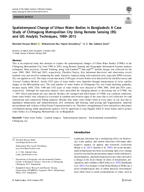 (PDF) Spatiotemporal Change of Urban Water Bodies in Bangladesh: A Case Study of Chittagong ...