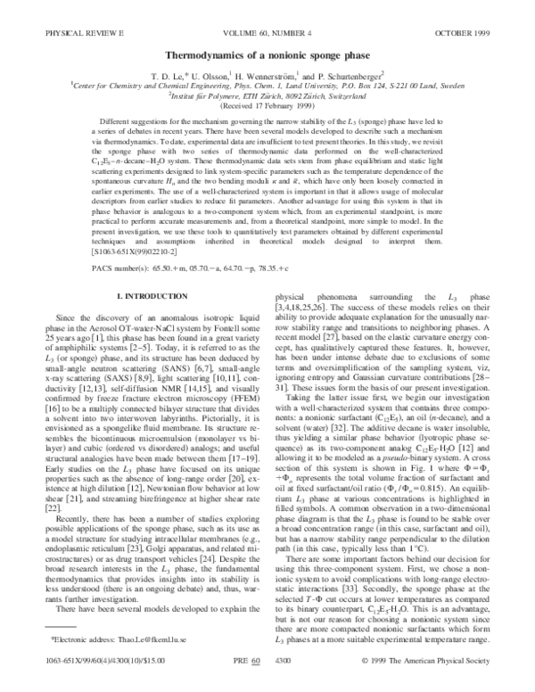 (PDF) Thermodynamics of a nonionic sponge phase