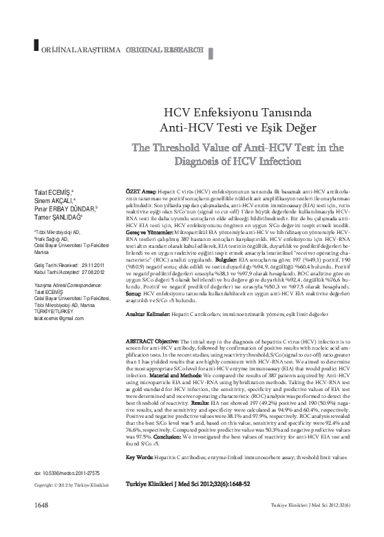 (PDF) The Threshold Value of Anti-HCV Test in the Diagnosis of HCV ...