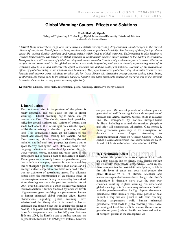 (PDF) Global Warming: Causes, Effects and Solutions