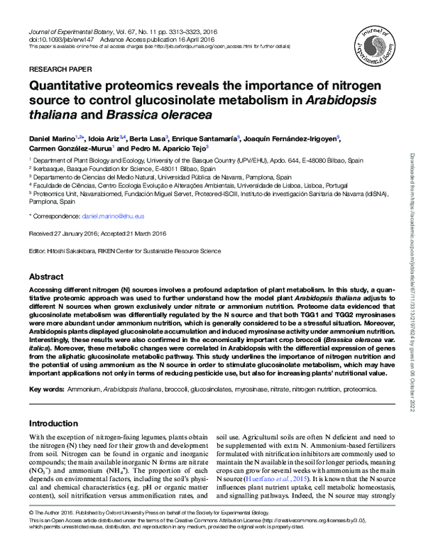 (PDF) Quantitative proteomics reveals the importance of nitrogen source to control glucosinolate ...