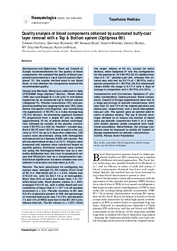 (PDF) Quality analysis of blood components obtained by automated buffy ...