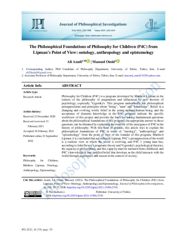 (PDF) The Philosophical Foundations of Philosophy for Children (P4C) from Lipman's Point of View ...